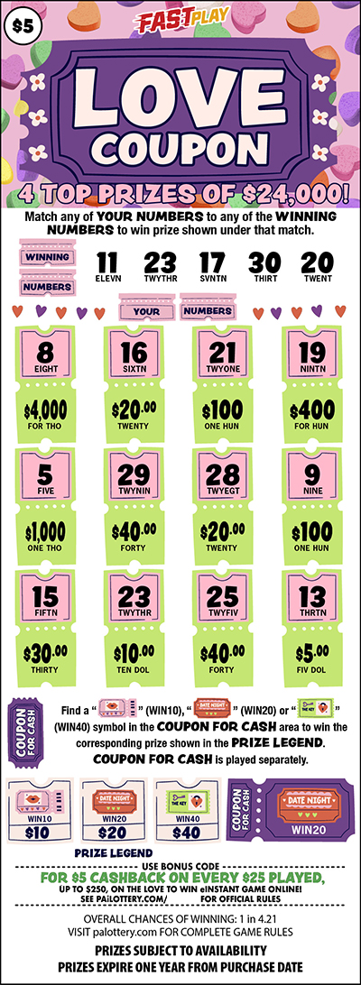 Play PA Lottery Fast Play - Love Coupon