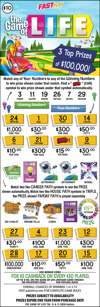 Play PA Lottery Fast Play - THE GAME OF LIFE